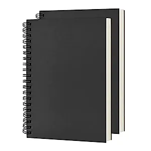 DSTELIN Blank Spiral Notebook, 2-Pack, Soft Cover, Sketch Book, 100 Pages / 50 Sheets, 7.5 inch x 5.1 inch, 100GSM, (Black)