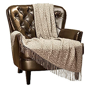 Chanasya Super Soft Leopard Print Acrylic Throw Blanket with Tassels - Lightweight Modern and Shabby Chic Woven Blanket for Bed, Sofa, Chair, Living Room, and Bedroom Decor (50x65 Inches) Beige