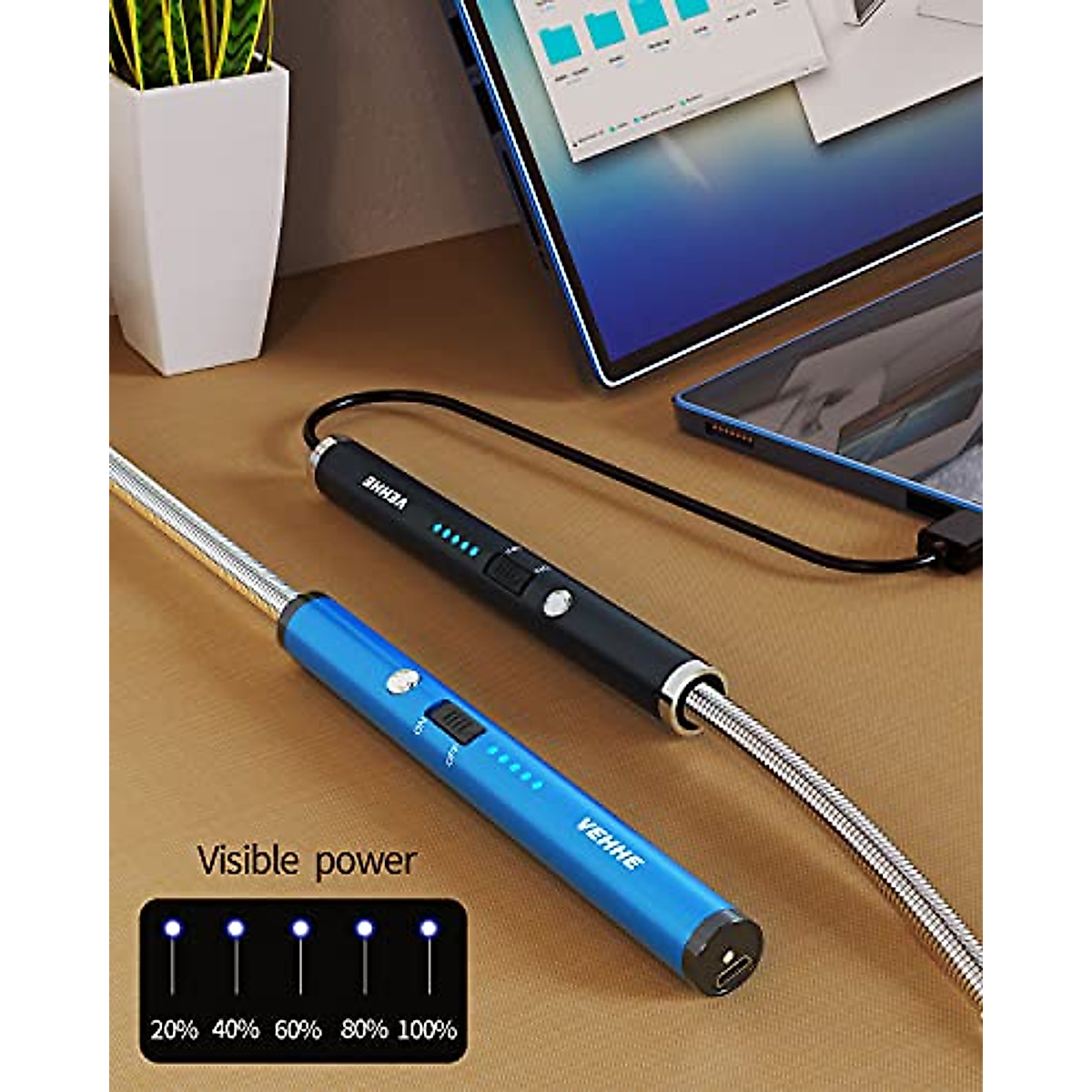 VEHHE Candle Lighter, 2 Pack Rechargeable Electric Lighter with LED Battery Display Safety Switch, Flexible Neck USB Lighter for Candles Camping Grill Gas Stoves Cooking (Black and Blue)