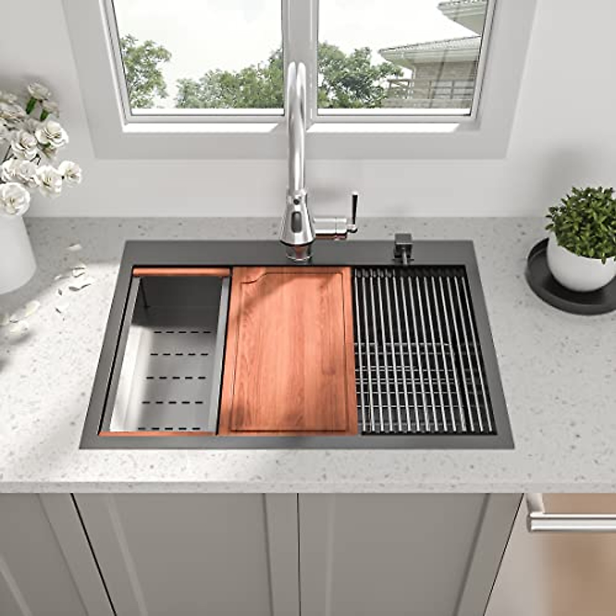 Beslend 28 Black Drop In Workstation Kitchen Sink - 28"x22"x10" Gunmetal Black Stainless Steel Topmount 16 Gauge 10 Inch Deep Sink