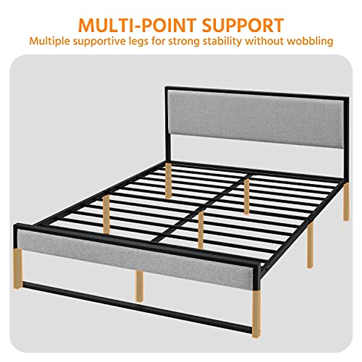 Yaheetech Metal Platform Bed Frame with Linen Upholstered Headboard and Footboard Mattress Foundation with Strong Steel Slats No Box Spring Needed Easy Assembly Gray Queen Size