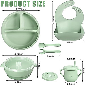3 Sets Baby Led Weaning Supplies, Silicone Baby Feeding Set with Divided Plate Adjustable Bib Suction Bowl with Lid Snack Cup Soft Spoon Fork, Self Eating Utensil (Light Blue, Light Green, Light Gray)