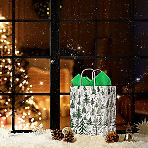 Whaline 12 Pack Christmas Paper Gift Bags with Handle Winter Medium Size Watercolor Xmas Tree Candy Goodie Bags with Green Tissue Paper for Xmas Holiday Party Supplies