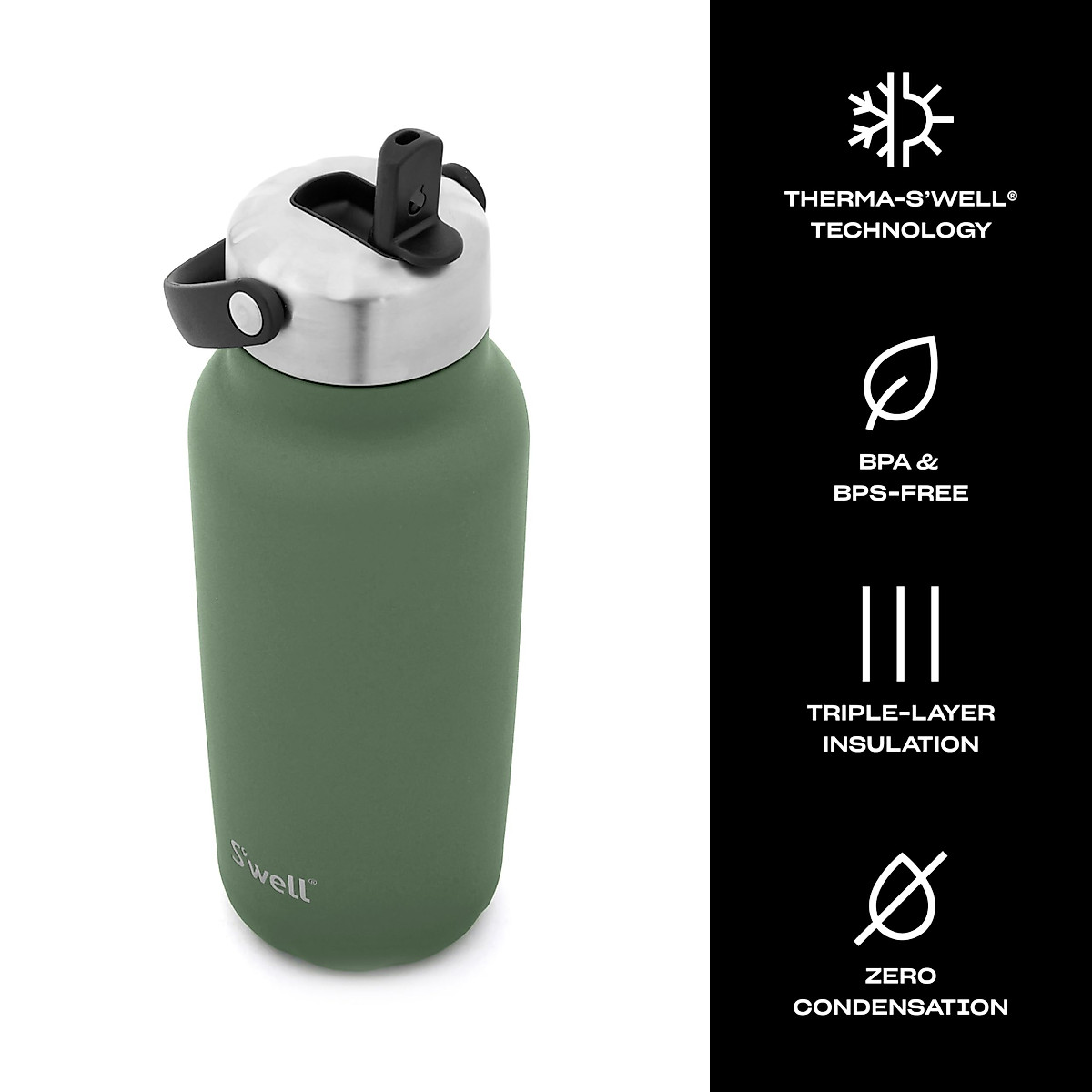 S'well Recycled Stainless Steel Explorer with Flip Straw Lid, 32oz, Green Jasper, Triple Layered Vacuum Insulated Containers Keeps Drinks Cold for 42 Hours and Hot for 10