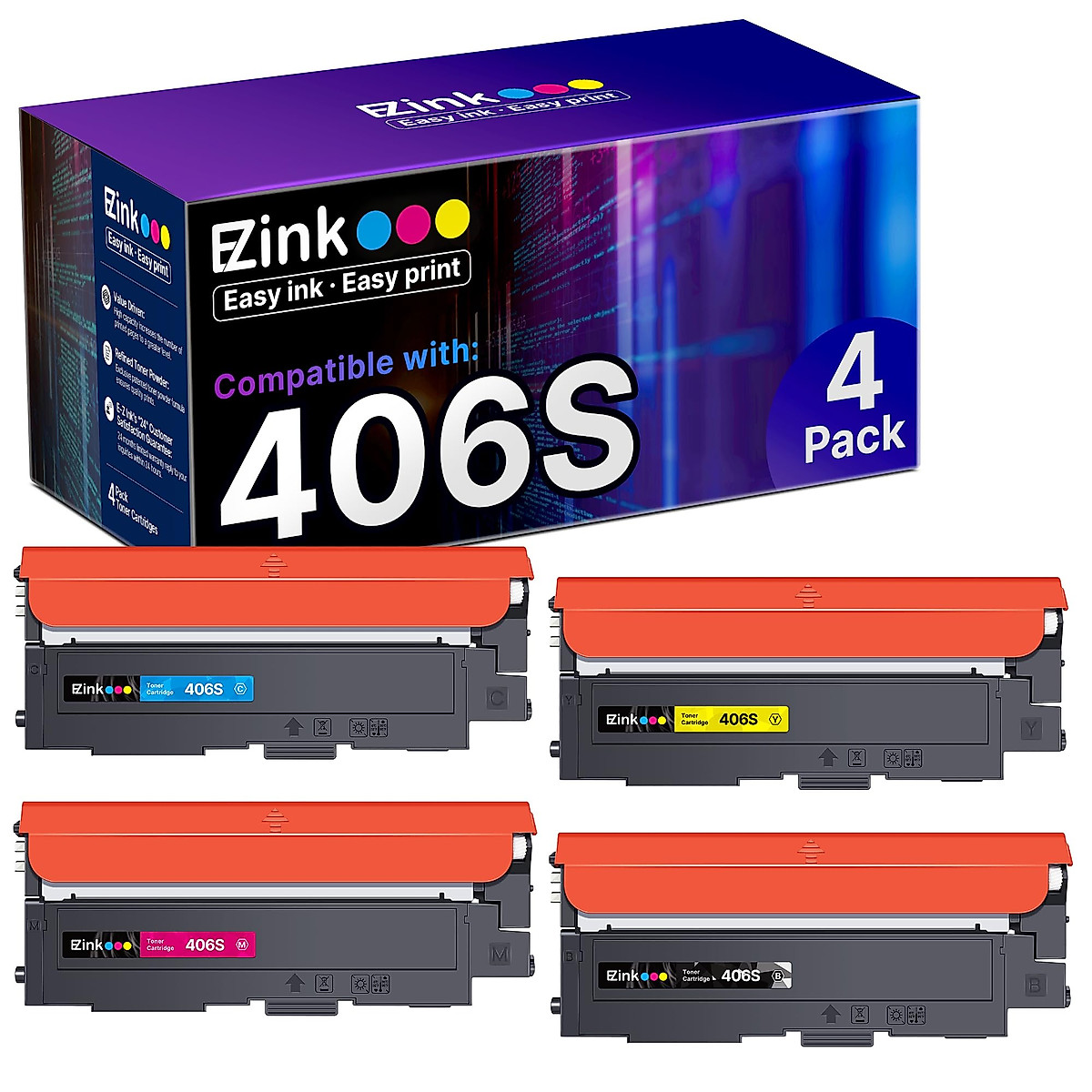 E-Z Ink (TM) Compatible Toner Cartridge Replacement for Samsung 406 406S CLT-K406S CLT-C406S CLT-M406S CLT-Y406S to use with Xpress C460W C410W (1 Black, 1 Cyan, 1 Magenta, 1 Yellow, 4 Pack)
