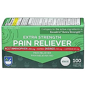 Rite Aid Extra Strength Pain Reliever, Acetaminophen 250mg, Aspirin 250mg, Caffeine 65mg – 100 Tablets | Pain Reliever / Fever Reducer | NSAID Anti-Inflammatory | Migraine Relief Products