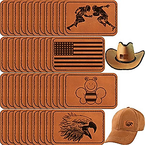 60 Pcs Blank Leatherette Hat Patches with Adhesive Rustic Leatherette Rectangle Patch Faux Leather Patches for Hats Custom Fabric Repair Sew Laser Supplies, 3 x 2 Inches (Khaki)