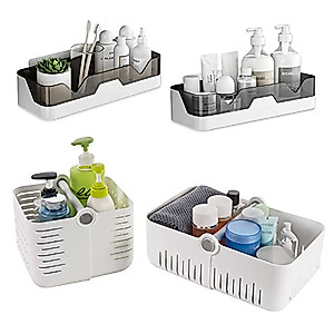 WeshyiGo 2-Pack Grey Shower Caddies and 2 Pack Deformable Plastic Shower Caddy Basket,with handles, Portable Bathroom Caddy Basket, For Bathroom、 room、 Kitchen and College Dorm（White）