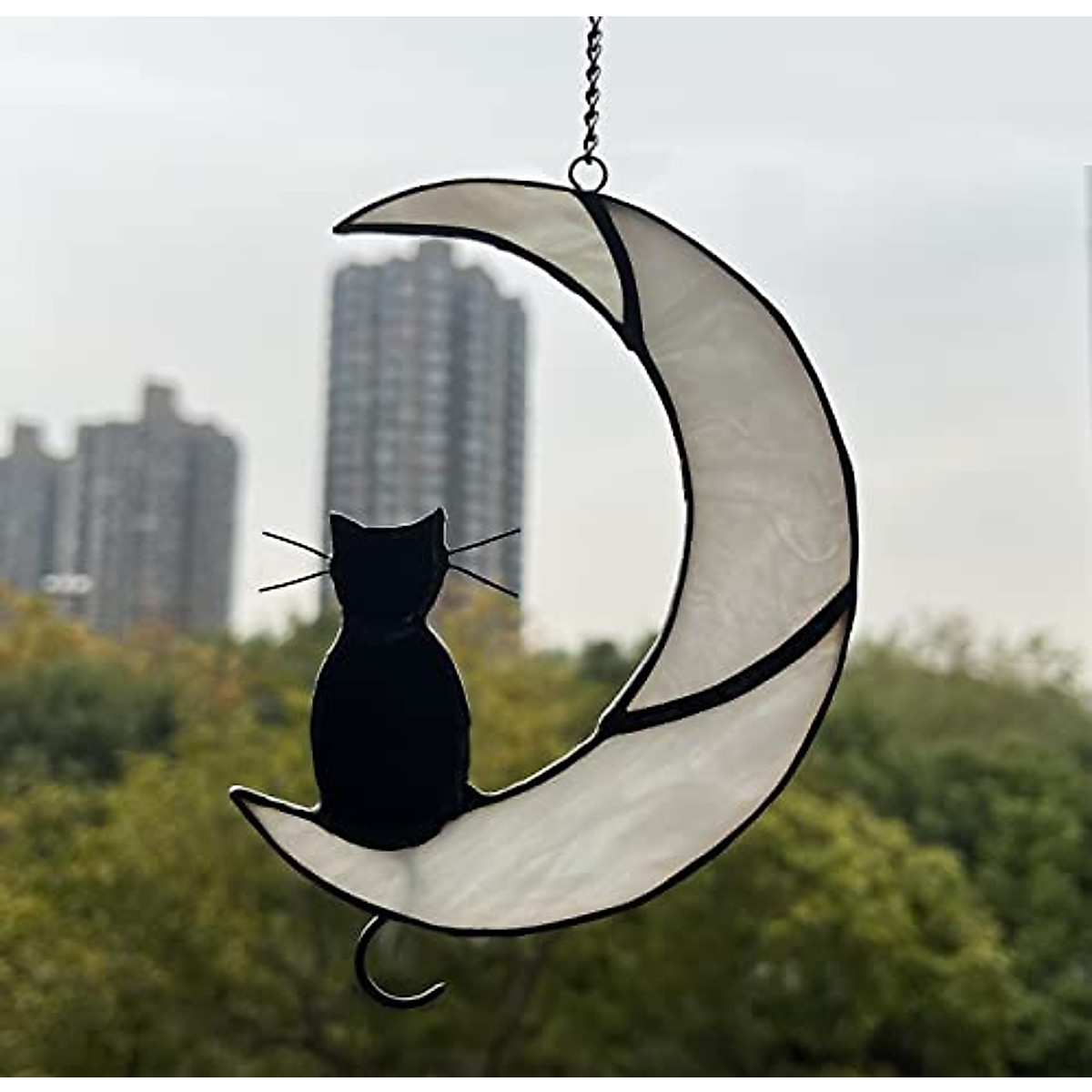 Black Cat Decor On White Moon Stained Glass Window Hanging Suncatcher for Windows Panels Sun Catcher Halloween Ornament Decoration Memorial Gift Cat for Lover Cat Loss