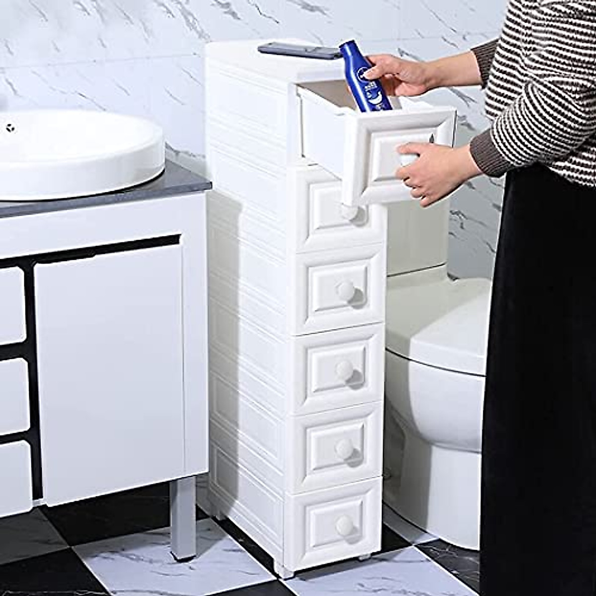 Conworld Super Light Weight Slim Plastic Bathroom Storage, Self-Assembling Bathroom Organizer 5 Tier Slim Storage Cart with 4 Wheels (Product Comes with Installation Instructions and Video)