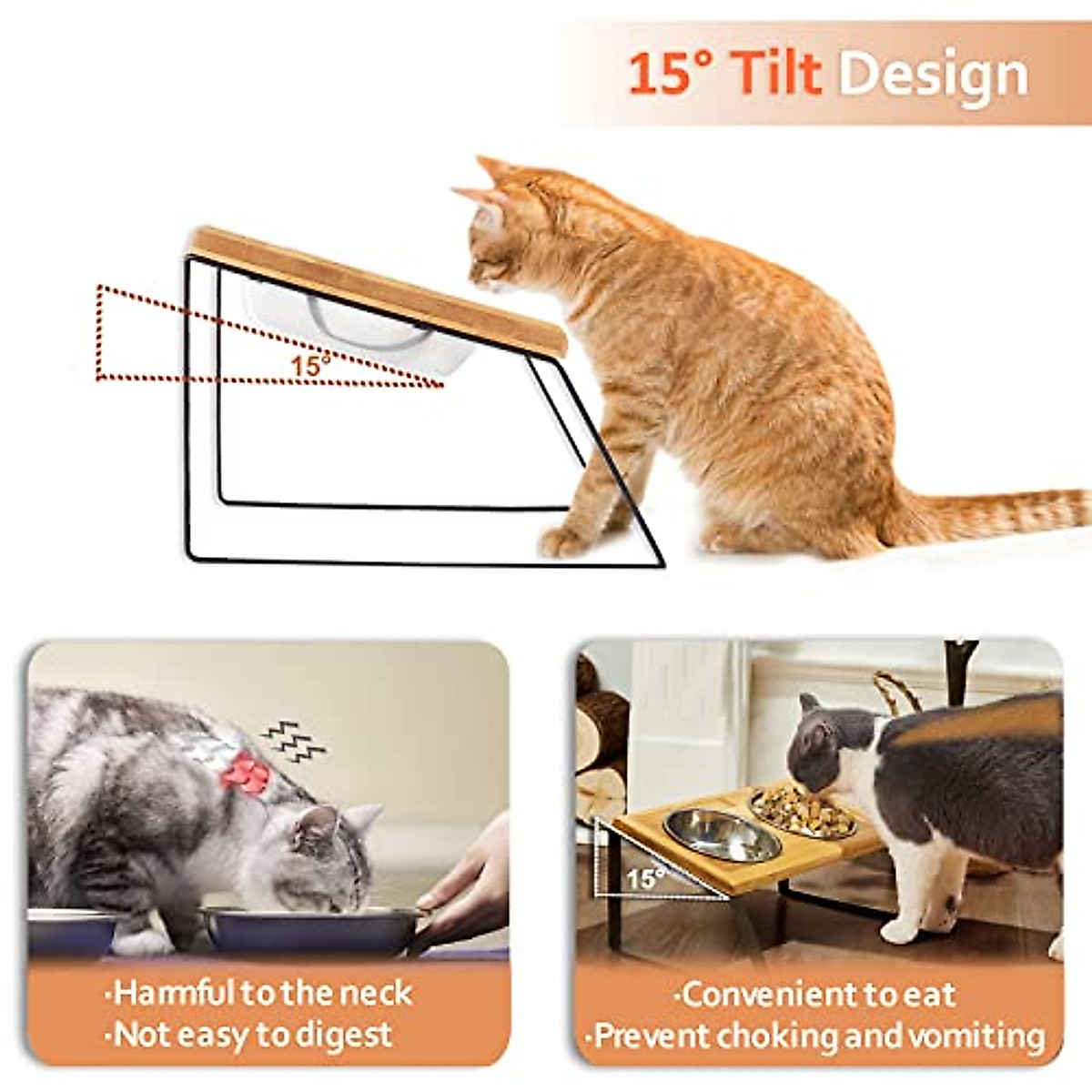 Elevated Cat Bowls, Tilted cat Food Bowls, 15°Tilted Raised Cat Food and Water Bowls, Customized Height Wall Mounted Elevated Pet Feeder，Bamboo Elevated Pet Feed Bowl Food for Cats and Puppy