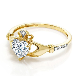 Gem Stone King 10K Yellow Gold Heart Shape White Moissanite and White Diamond Solitaire Irish Celtic Claddagh Ring For Women (0.86 Cttw, Available in size 5, 6, 7, 8, 9)