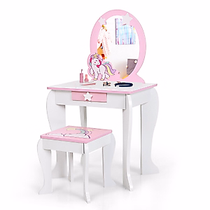 OLAKIDS Kids Vanity, 2 in 1 White Princess Wooden Table and Chair Set for Toddlers with Detachable Unicorn Mirror, Stool, Storage Drawer, Pretend Beauty Make Up Dressing Play Set for Girls Age 4-9