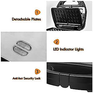 ORFELD Sandwich Maker, Waffle Maker, Panini Press Grill 3 in 1, with Non-Stick Removable Plates, Fast and Even Heating, Portable Handle, LED Indicator Lights, for Breakfast and Christmas Gift, Silver