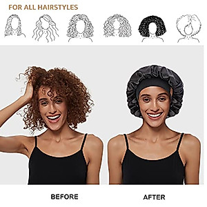 Hat Hut Satin Bonnet Silk Bonnet Sleep Cap for Women Hair Bonnet for Curly Natural Hair Sleeping Adjustable Wide Band Double Layer (Black)