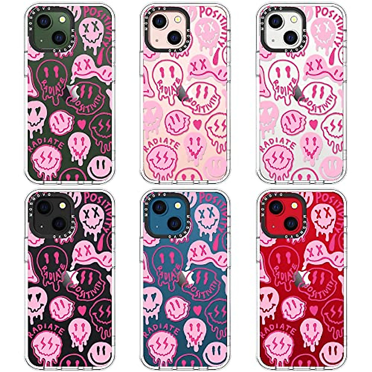 MOSNOVO Compatible with iPhone 13 Case, Pink Dripping Smiles Positivity Radiate Face [ Buffertech Impact ] Transparent Shockproof Protective TPU Bumper Clear Phone Case Cover Designed for iPhone 13