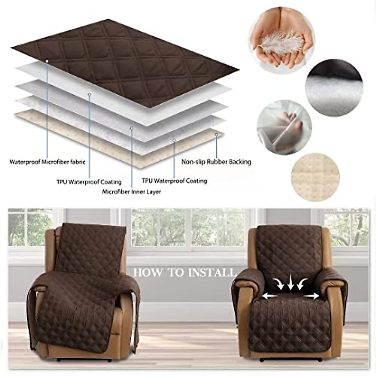 TOMORO Non-Slip Loveseat Recliner Cover, 100% Waterproof Quilted Recliner Chair Slipcover Furniture Protector with Pockets, Washable Couch Cover with Elastic Straps for Kids and Pets