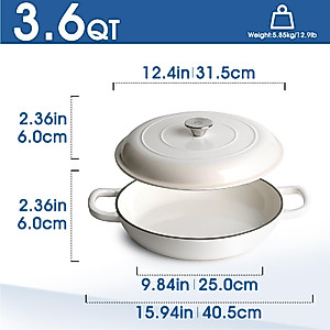 NUTRIUPS 3.6 Quart Braiser Enameled Cast Iron Dutch Oven Pot with Lid, Dutch Oven Cast Iron Non Stick Larger Handle, Cast Iron Braiser Pan with Lid Enameled Dutch Oven (Beige + white)