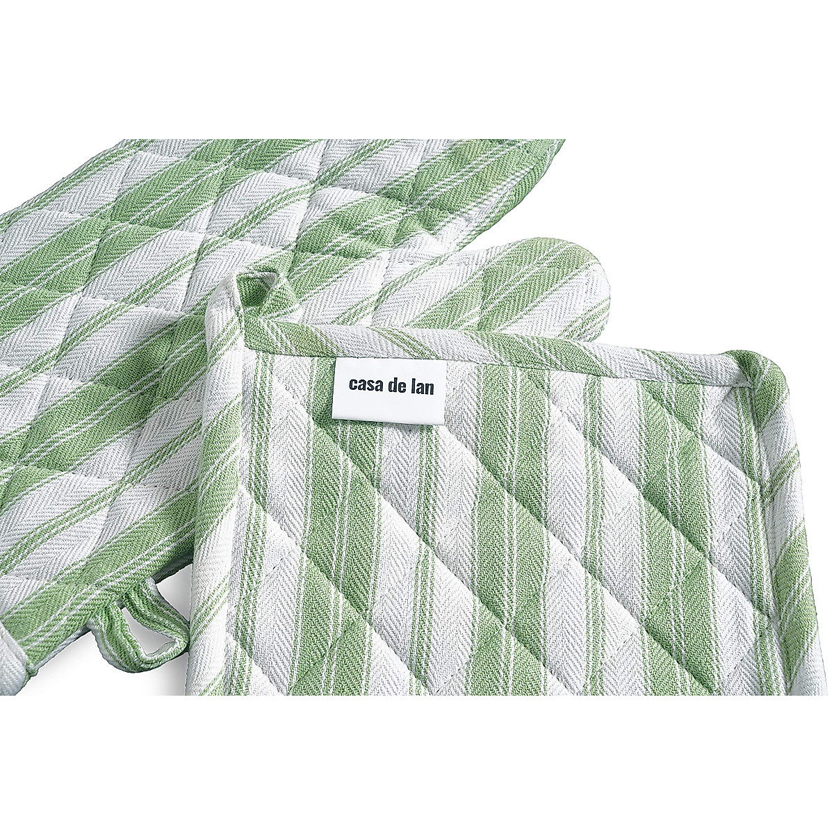 Oven Mitts & Potholder Set - Durable Heat Resistant Gloves - Thick Mittens for Kitchen - Suitable for Cooking, Baking, Grilling – BBQ - 2 Oven Mitts & 2 Potholders – Grass Green Stripes - Casa De Lan