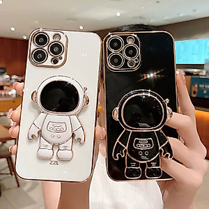 AIGOMARA 6D Plating Astronaut Hidden Stand Case Cover for iPhone 13 Pro Max Women Astronaut Folding Bracket Kickstand iPhone Case with Camera Protector Soft TPU Shockproof Bumper 6.7 Inch - White