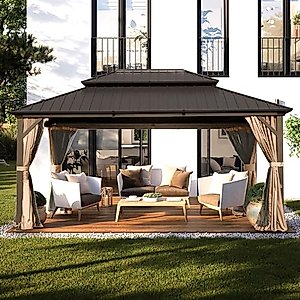 Domi 10' X 14' Hardtop Gazebo, Aluminum Metal Gazebo with Galvanized Steel Double Roof Canopy, Curtain and Netting, Permanent Gazebo Pavilion for Party, Wedding, Outdoor Dining, Brown