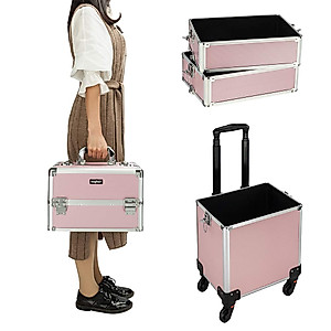 mefeir 4 in 1 Rolling Makeup Train Case, Aluminum Makeup Travel Organizer Cosmetic Case, Cosmetology Display Suitcase on Wheels, Beauty Storage Luggage Lockable w/4 Removable Wheels (Pink)