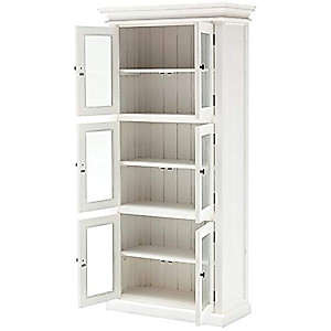 NovaSolo Halifax Pure White Mahogany Wood Storage Cabinet/Pantry Unit With Glass Doors And 6 Shelves