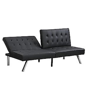 Penifun Convertible Folding Futon Sofa Bed Sleeper Couch for Living Room PU Leather Upholstered Loveseat, Solid Wood Frame/Stainless Leg, Black