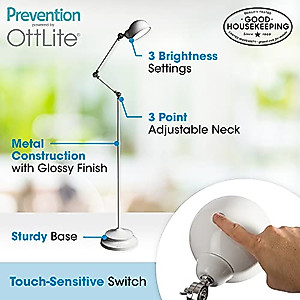 OttLite Pharmacy Adjustable LED Floor Lamp, Prevention Series - Designed to Reduce Eyestrain - 3-Point Adjustable Neck, 3 Brightness Settings with Touch Controls - Office Work, Reading & Studying