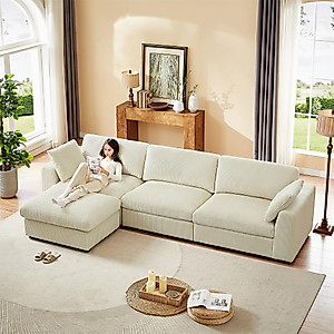 130" Oversized Sectional Sofa,Ultra-Soft L Shaped Couch for Living Room,Cloud Modular Sofa Couch with Zipper Back&Seat Cushion,Deep 4 Seat Sofa Sleeper with Movable Ottoman and Two Pillows(Beige)