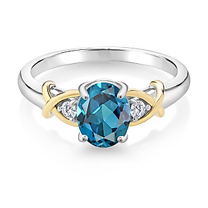 Gem Stone King 10K Yellow Gold and 925 Sterling Silver London Blue Topaz and White Lab Grown Diamond Ring For Women (1.58 Cttw, Available in size 5, 6, 7, 8, 9)