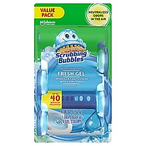 Scrubbing Bubbles Fresh Gel Toilet Cleaning Stamp, Rainshower, Dispenser with 24 Gel Stamps, 5.36 oz