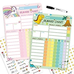 Magnetic Dry Erase Chore Chart for Two Kids, Reward Chart for Kids Behavior. Includes 52 Static Tasks, 126 Golden Stars and Dinosaur & Unicorn Magnetic Charts Each