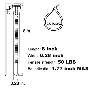 TUKKIVA Black Resuable Zip Ties Heavy Duty 8 Inch 50 Lbs Tensile Strength Releasable Cable Wire Ties 100 Pack