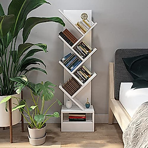 4NM Small Tree Bookshelf with Storage Space, Standing Bookcase for CD Storage and Magazine Rack, Wooden Book Tree Organizer Shelves for Small Spaces (White)