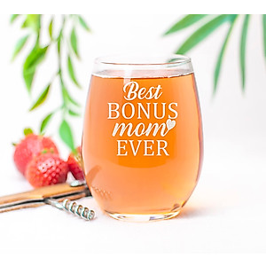 CARVELITA Best Bonus Mom Ever, 15oz Stemless Wine Glass, Mother's Day Gift for Stepmom, From Daughter, Son, Birthday Gift for Bonus Mom
