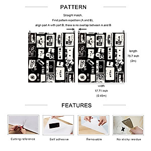 HelloWall 17.71"x78.7" Vintage Wallpaper Peel and Stick Vintage Black and White Wallpaper for Bathroom Waterproof Videotape Self Adhesive Wallpaper Roll Retro Removable Contact Paper Adorn Bookcase