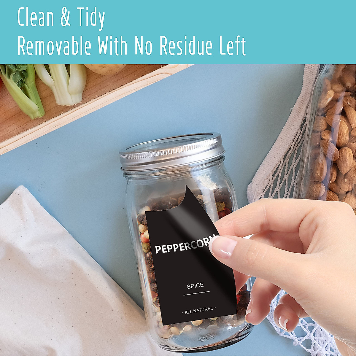 432 Removable Spice Labels, 396 Pre-Printed Herb Seed Seasoning Sauce Oil Vinegar Stickers, 36 Blank Ones, Waterproof Oil&Tear Resistant, No Residue for Kitchen Pantry Containers Jars(White on Black)