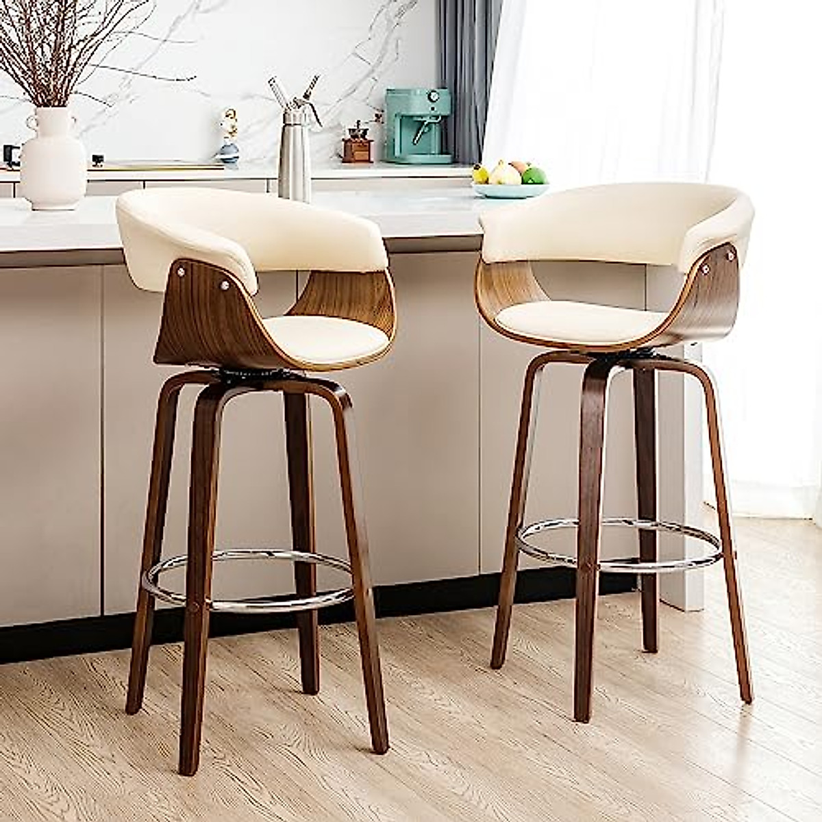 glitzhome Bar Stools Set of 2, 28’’ Swivel Barstools with Curved Back, Counter Stools Bar Chairs Withe Backrest, Footrest, Solid Bentwood Frame, White
