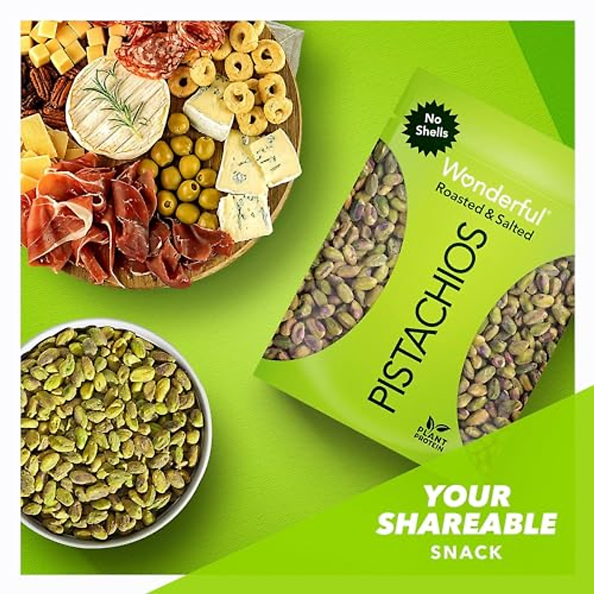 Wonderful Pistachios, No Shells, Roasted & Salted Nuts, 24 Ounce Resealable Bag, Good Source of Protein, Gluten Free, On the Go Snack