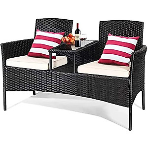 HAPPYGRILL Patio Rattan Loveseat Outdoor Porch Furniture PE Wicker Loveseat with Coffee Table Conversation Sofa with Cushions for Garden Lawn Backyard Poolside