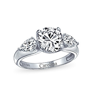 Bling Jewelry Personalize Timeless 3CT AAA CZ Trillion Side Stones Promise Cubic Zirconia Brilliant Cut Solitaire Round Engagement Ring For Women .925 Sterling Silver Customizable