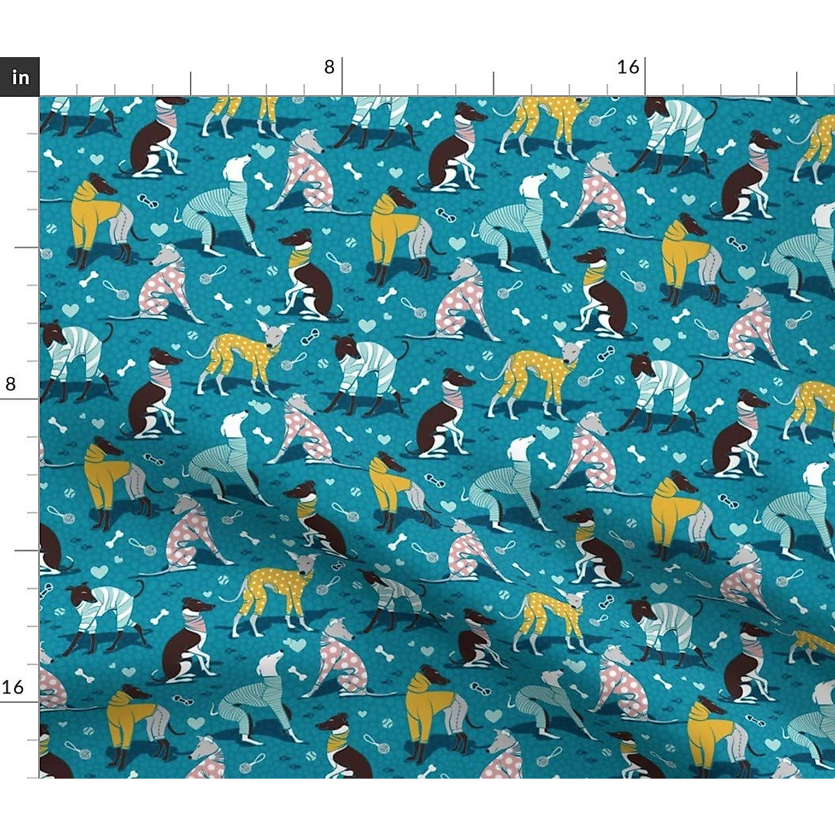 Spoonflower Fabric - Small Scale Greyhounds Turquoise Greyhound Dogs Breeds Hound Printed on Petal Signature Cotton Fabric by The Yard - Sewing Quilting Apparel Crafts Decor