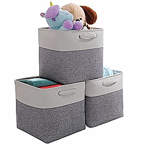 Huiru Extra Large Storage Baskets 3 Pack (13 × 13 × 13 inches) Foldable Cube Storage Bins Large Collapsible Organizer Baskets with Handles for Home Nursery Organization (Grey/White)