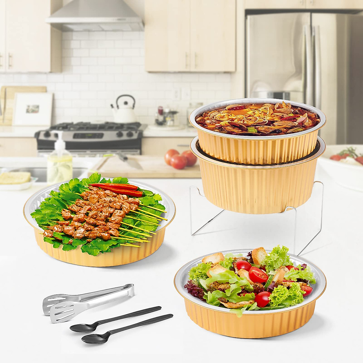 Riccioney 8 Set Disposable Chafing Dish Buffet Set Chafer Wire Racks Buffet Stand Set Food Warmer Catering Supplies Including Chafer Pans, Utensils and Buffet Stand