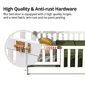 LLS Queen Floor Bed for Children, Durable Montessori Floor Bed with Wood Slats, Safety Fence & Small Door, Wood Floor Bed Frame for Girls Boys Children, White (with Bed Slats)