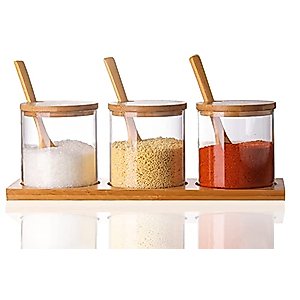Lawei Set of 3 Condiment Jar with Lids and Spoons - Glass Sugar Bowls Sugar Salt Container Set for Sugar Serving Spice Salt