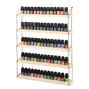 J JACKCUBE DESIGN Wall Mount Essential Oils Display Shelf with 5 Tier for 70 Bottles Holder Gold Frame and Wood Rack Organizer - MK482B