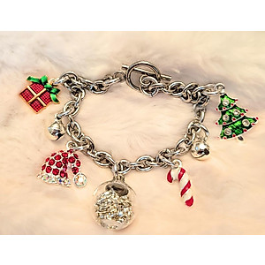 Christmas Tree Charm Bracelet with Snow Globe Present Candy Cane Santa Claus Hat Jingle Bells