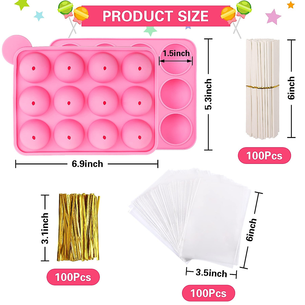 JULMELON Cake Pop Mold,12pcs Capacity Silicone Cake Pop Mold Set, Cake Pop Maker with 100pcs Cake Pop Sticks 100pcs Candy Treat Bags100pcs Gold Ties for Lollipop Candy Chocolate Making and Packing